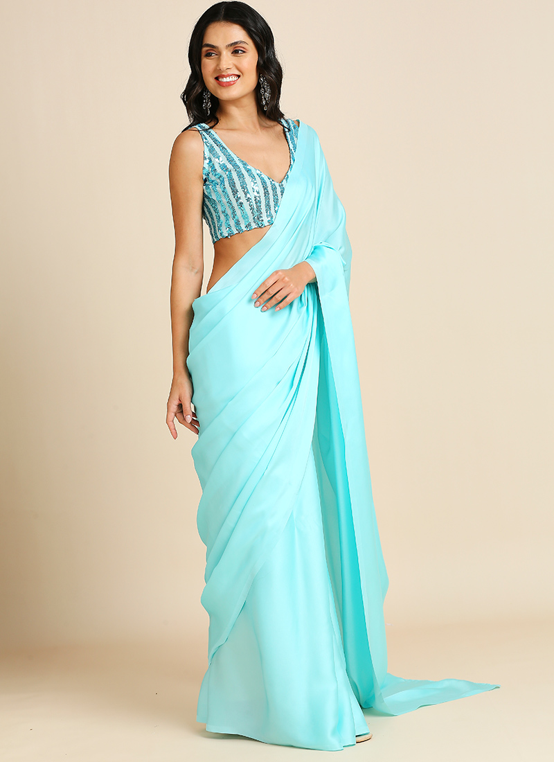 Shop Sky Blue Silk Classy Saree With Sequins Blouse Wedding Wear in UK ...