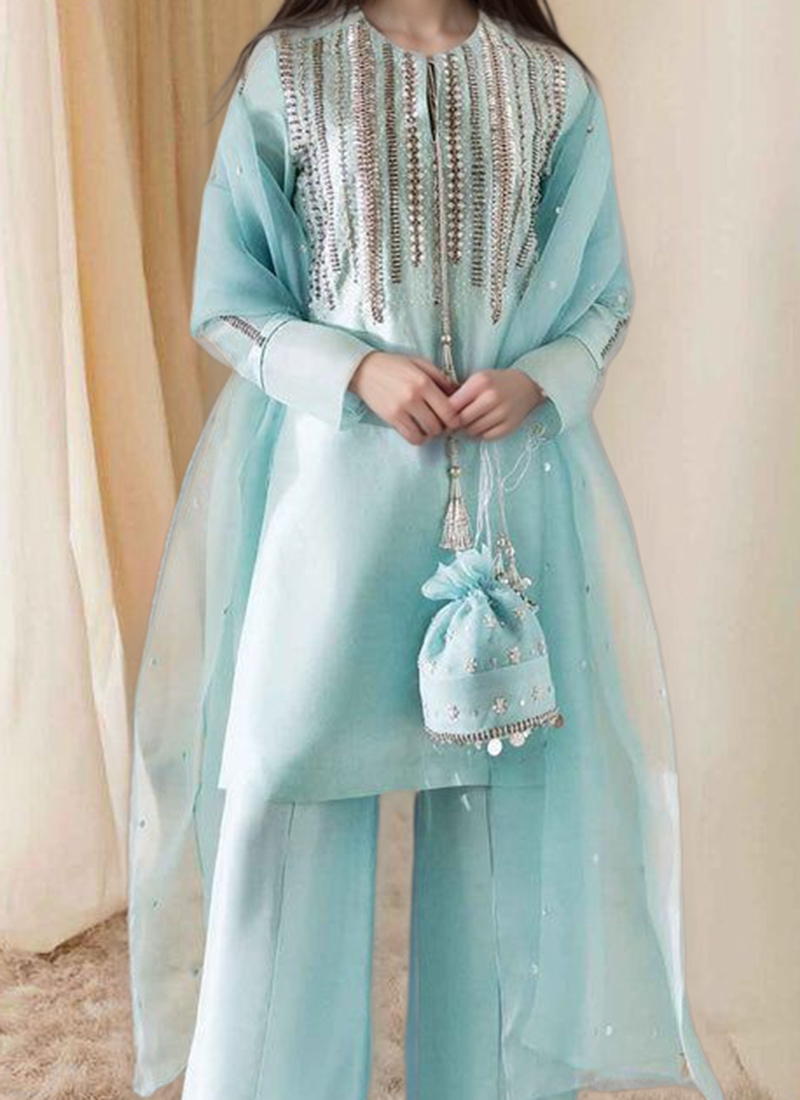 Shop Sky Blue Silk Cut Dana Hand Work Beads Palazzo Suit Festive Wear in India - Cbazaar