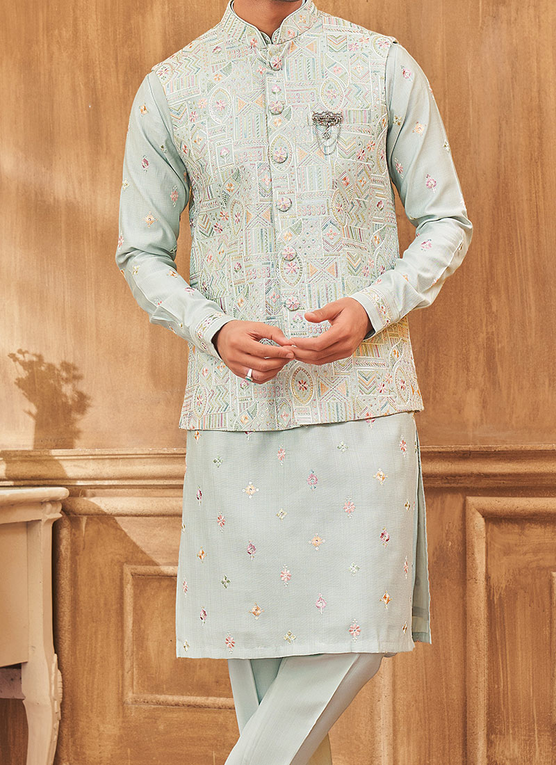 Shop Sky Blue Silk Embroidered Bandi Set Festive Wear Online at Best ...