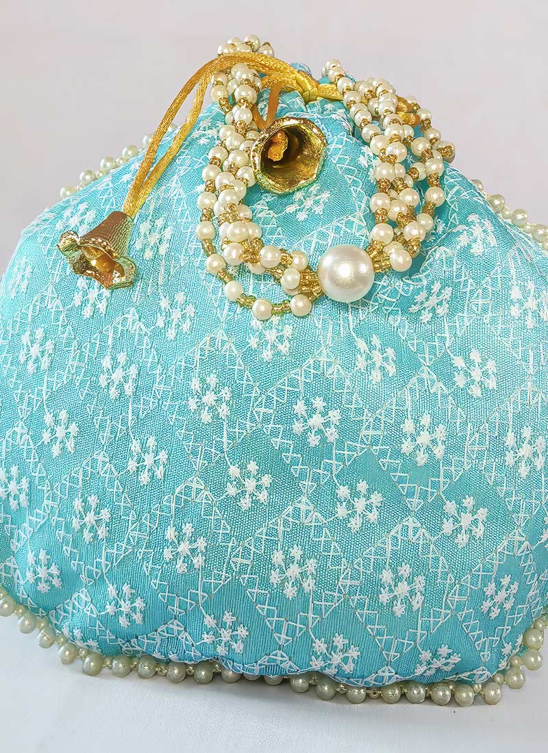 Buy Sky Blue Silk Embroidered Thread Potli Festive Wear Online at Best ...