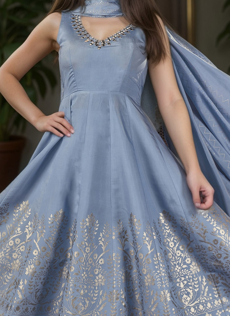 Buy Sky Blue Silk Foil Print With Mirror Work A Line Anarkali Suit ...
