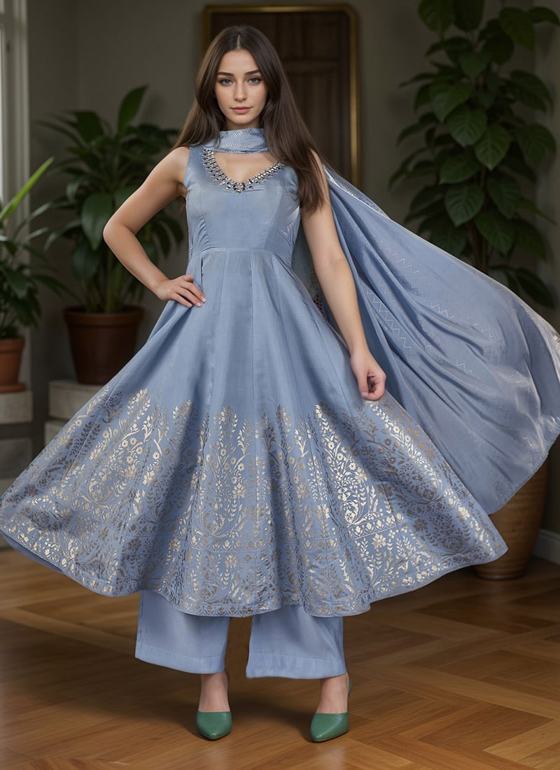 Buy Sky Blue Silk Foil Print With Mirror Work A Line Anarkali Suit ...