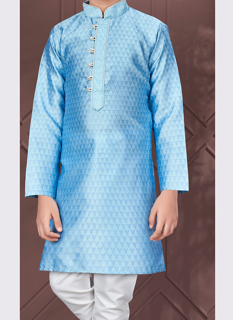 Shop Sky Blue Silk Jacquard Kids Boys Kurta Pyjama Festive Wear Online ...