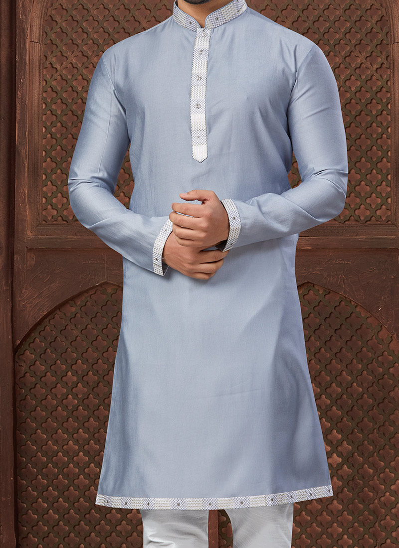 Shop Sky Blue Silk Lace Work Kurta Pyjama Festive Wear Online at Best ...