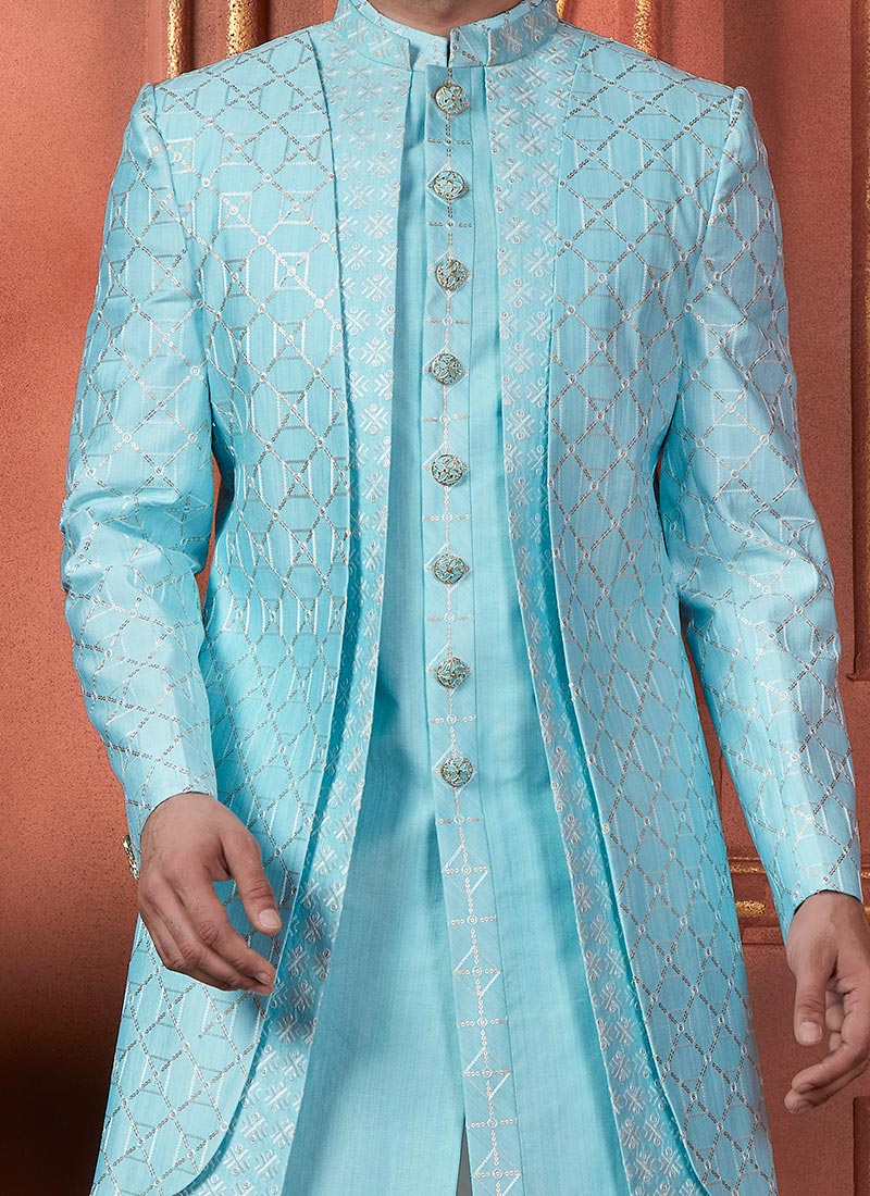 Buy Sky Blue Silk Sequins Indowestern 4 Piece Jacket Style Sherwani Party Wear Online at Best ...