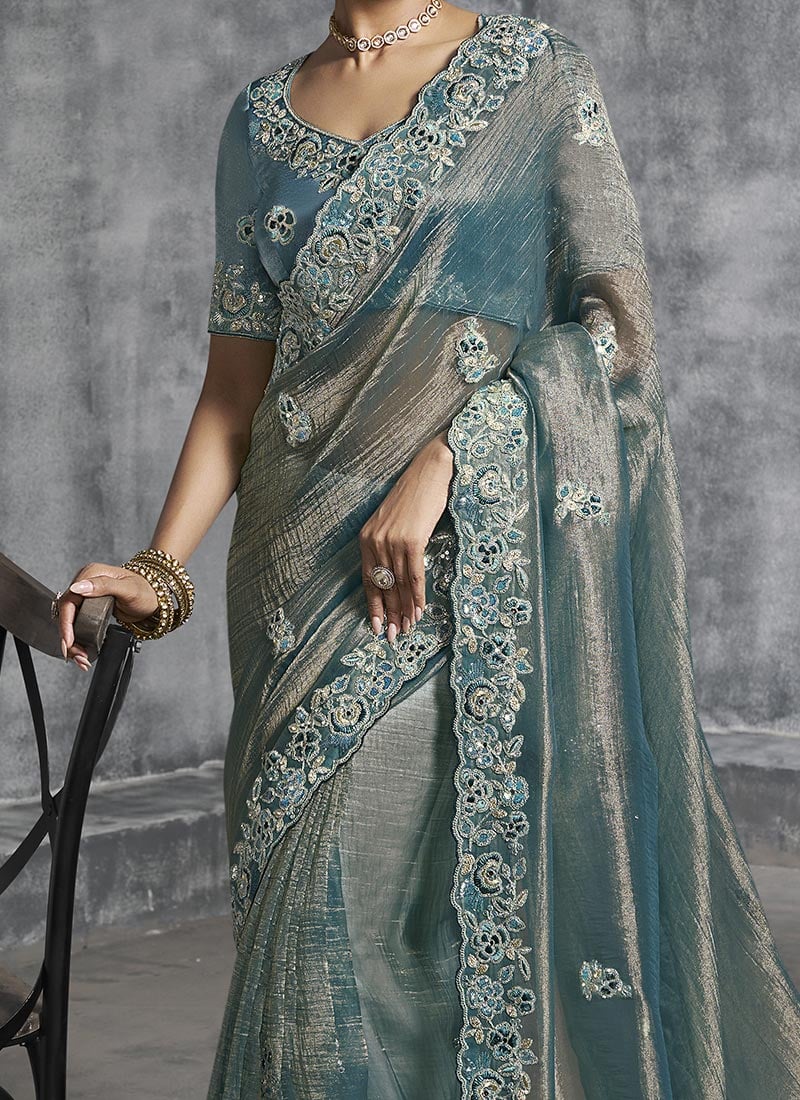 Shop Sky Blue Tissue Silk Resham Sequins Embroidered Stones Beads Zari ...