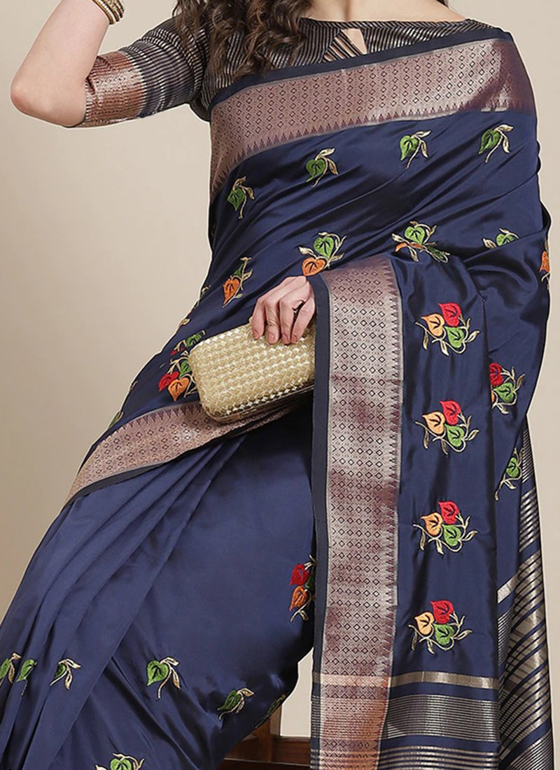 Buy Soft Cotton Silk Colourful Thread Embroidery Work Golden Border ...