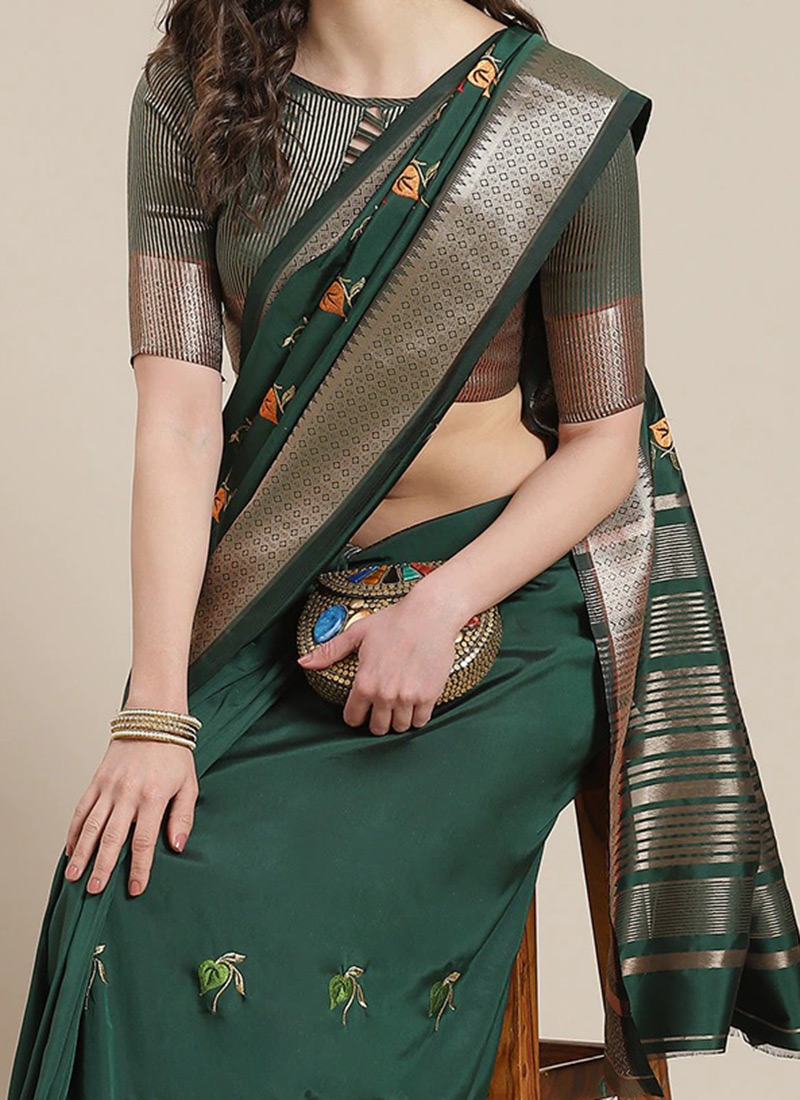 Buy Soft Cotton Silk Colourful Thread Embroidery Work Golden Border ...