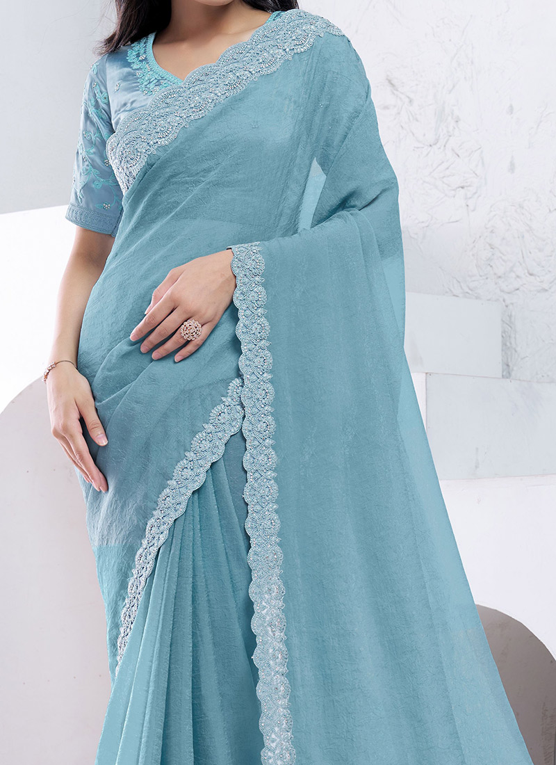 Buy Sophisticated Aqua Blue Crush Silk Stone Work Saree Wedding Wear ...