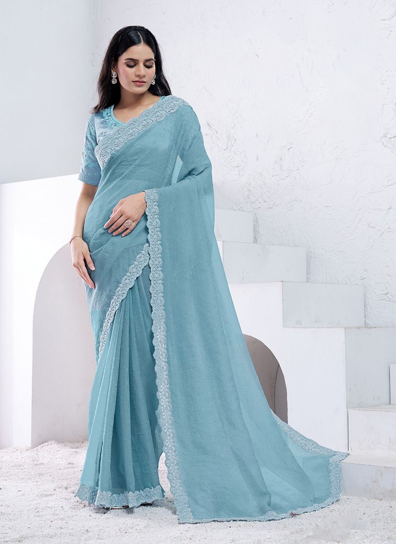 Buy Sophisticated Aqua Blue Crush Silk Stone Work Saree Wedding Wear ...