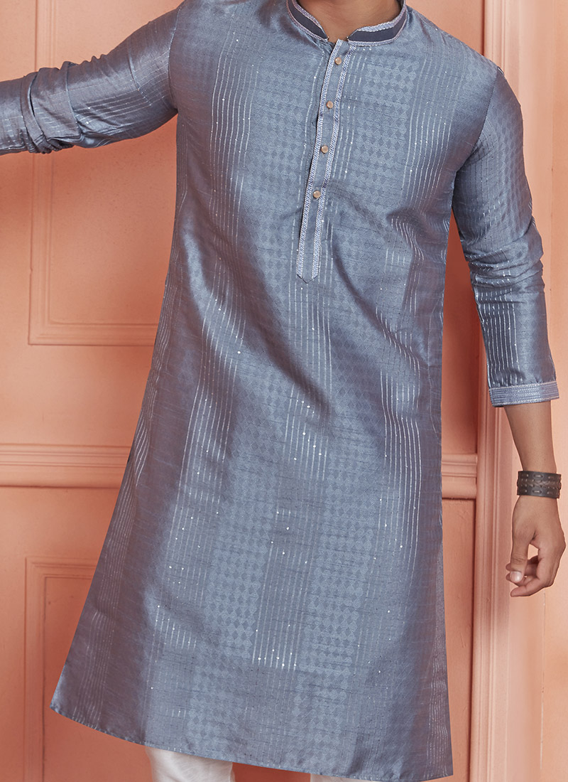 Shop Steel Blue Brocade Jacquard Silk With Zari Work Kurta Pyjama ...