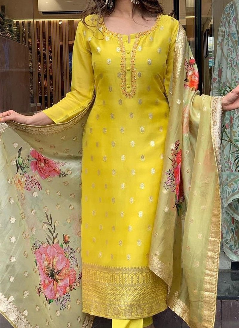Buy Straight Pant Suit For Women in Yellow Embroidered Jacquard Print ...