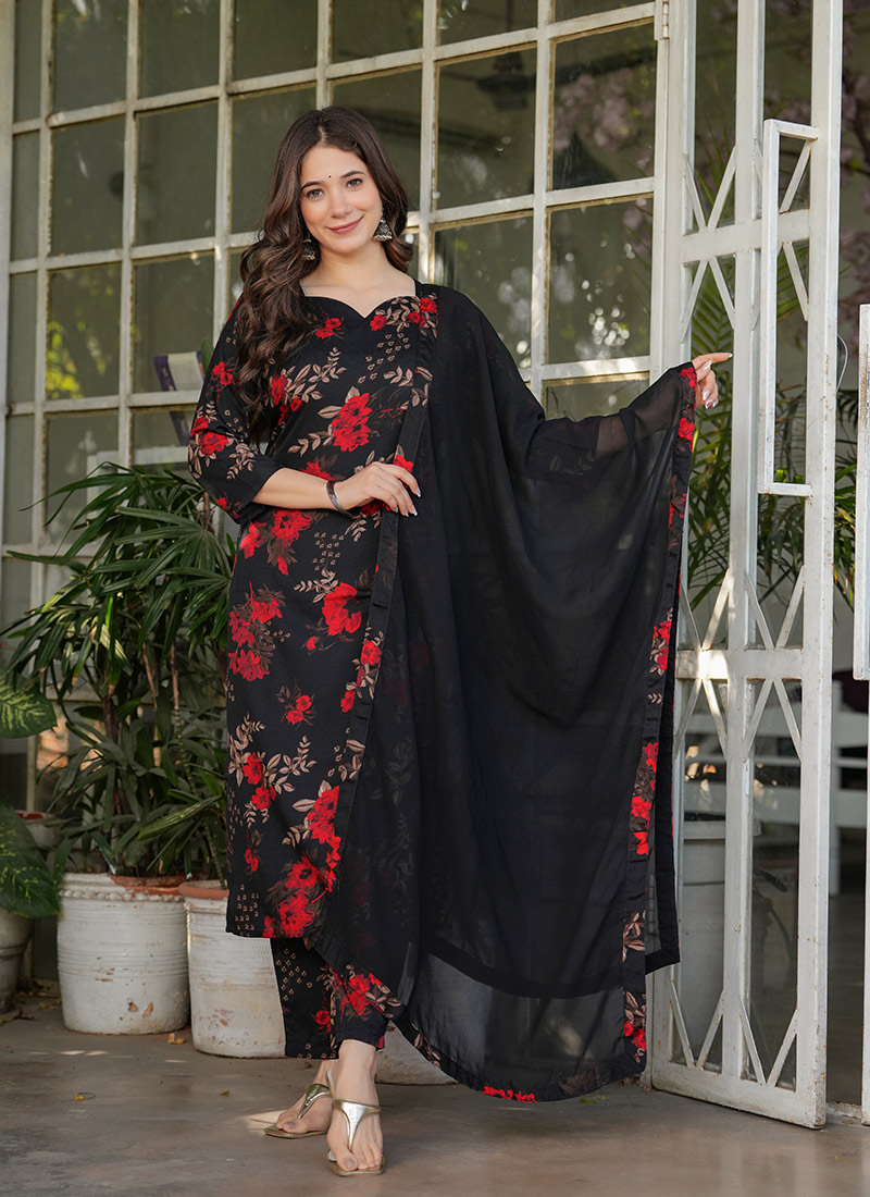 Shop Straight Pant Suit In Black Silk With Floral Print After Six Wear Online at Best Price ...