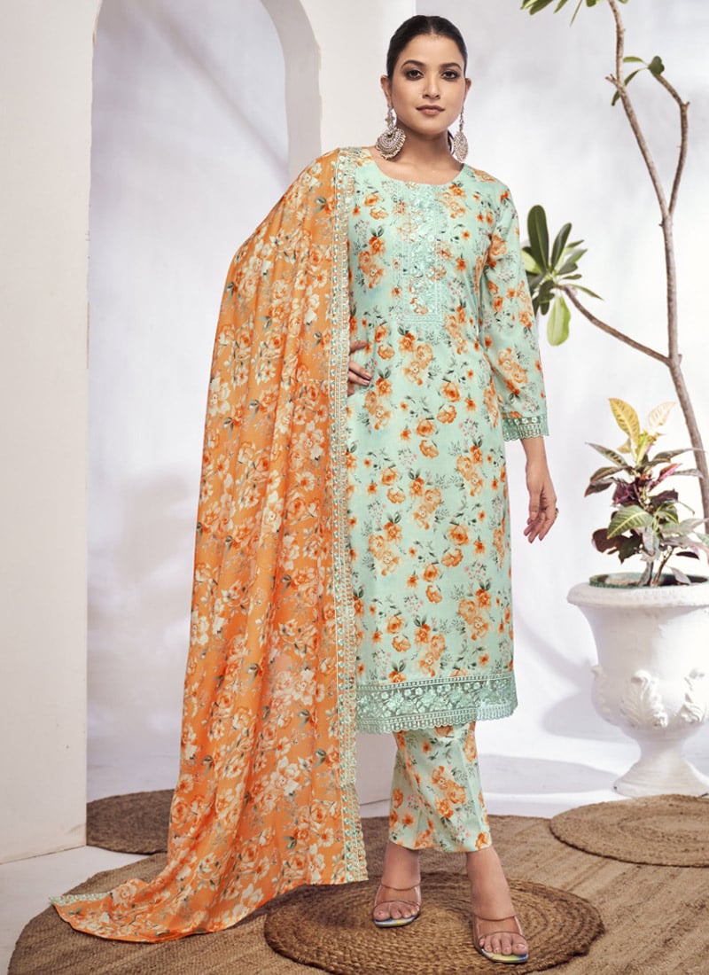 Shop Straight Pant Suit Women Turquoise Cotton Floral Print Embroidered ...