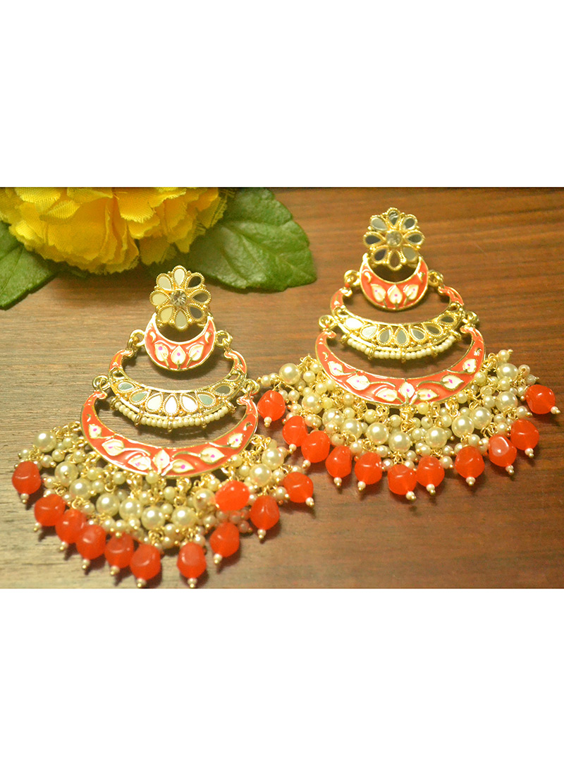 Shop Stunning Orange Meenakari Stone And Beads Chaand Bali Party Wear ...