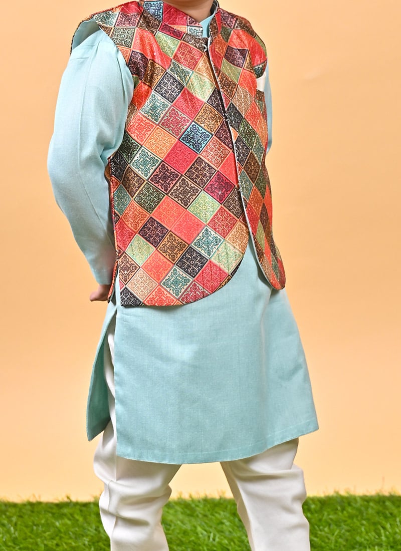 Buy Stylish Aqua Blue Cotton Boys Bandi Set Party Wear Online at Best ...