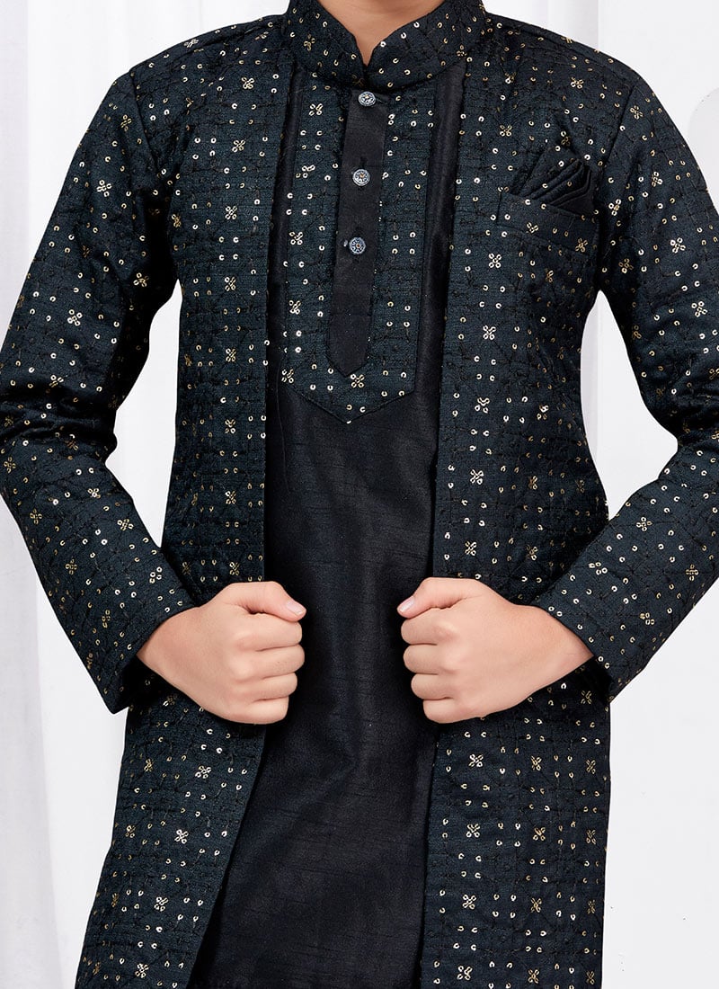 Shop Stylish Banarasi Silk Sequins Black Indowestern Sherwani For Kids ...