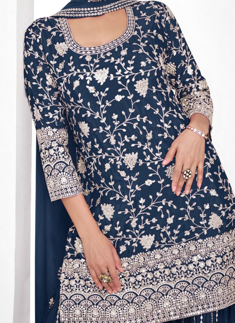Buy Teal Blue Chinnon Silk Embroidered Sequins Beautiful Sharara Suit ...