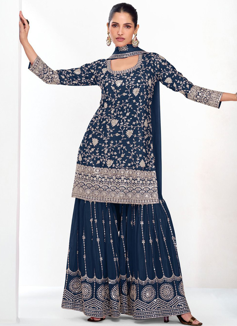 Buy Teal Blue Chinnon Silk Embroidered Sequins Beautiful Sharara Suit ...