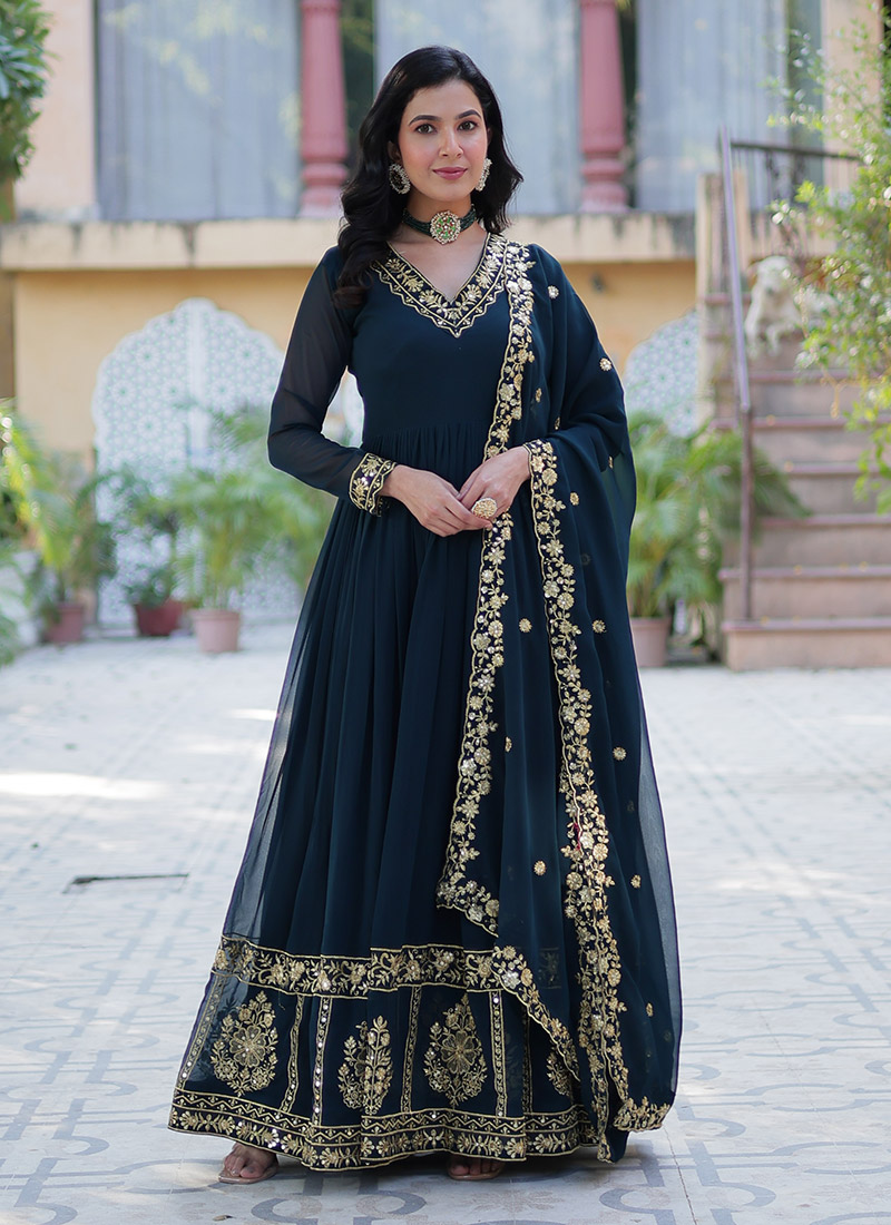 Shop Teal Blue Faux Georgette Zari Embroidered Sequins Stunning ...