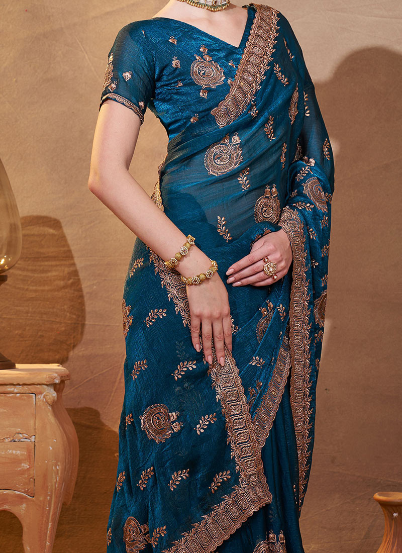 Shop Teal Blue Fendi Satin Embroidered And Stone Work Saree Festive ...