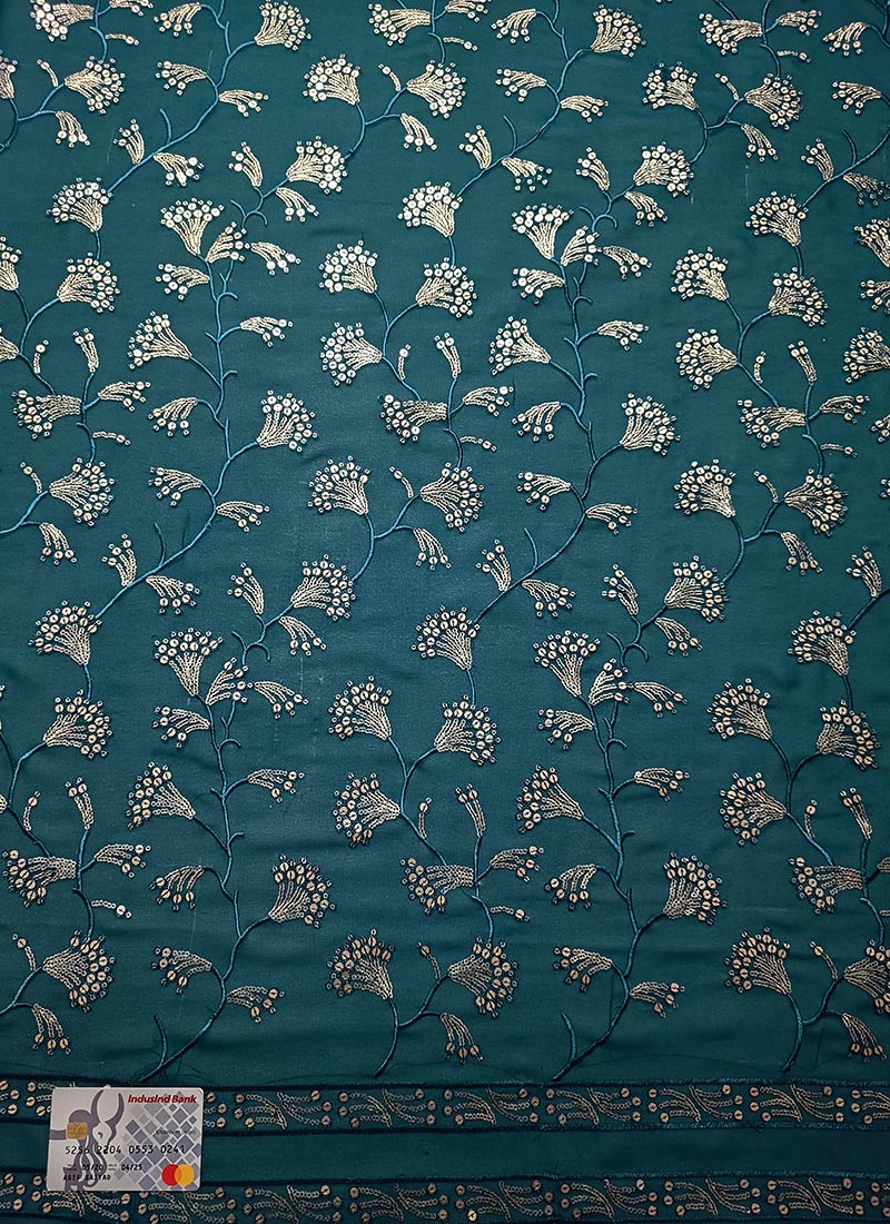 Shop Teal Blue Georgette Sequins Embroidery Fabric Online at Best Price ...