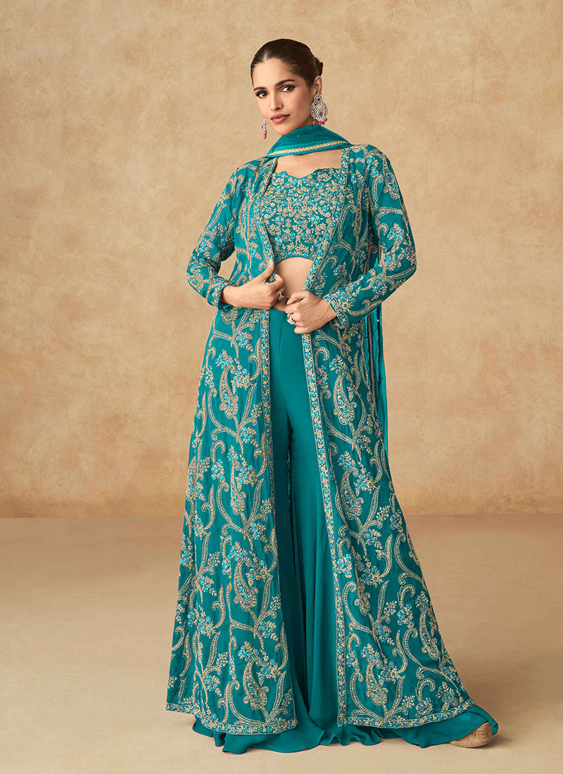 Buy Teal Blue Georgette Zari Embroidered Sequins Indowestern Jacket ...