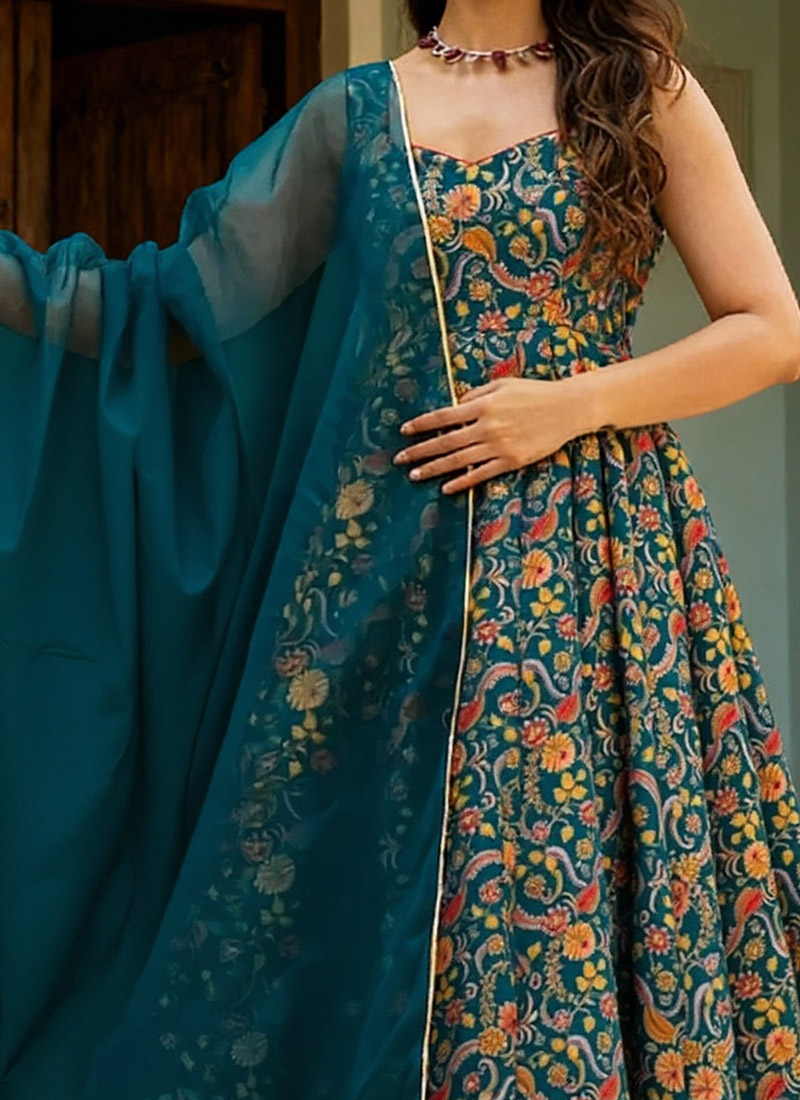 Shop Teal Blue Silk Digital Print Anarkali Suit After Six Wear in UK - Cbazaar