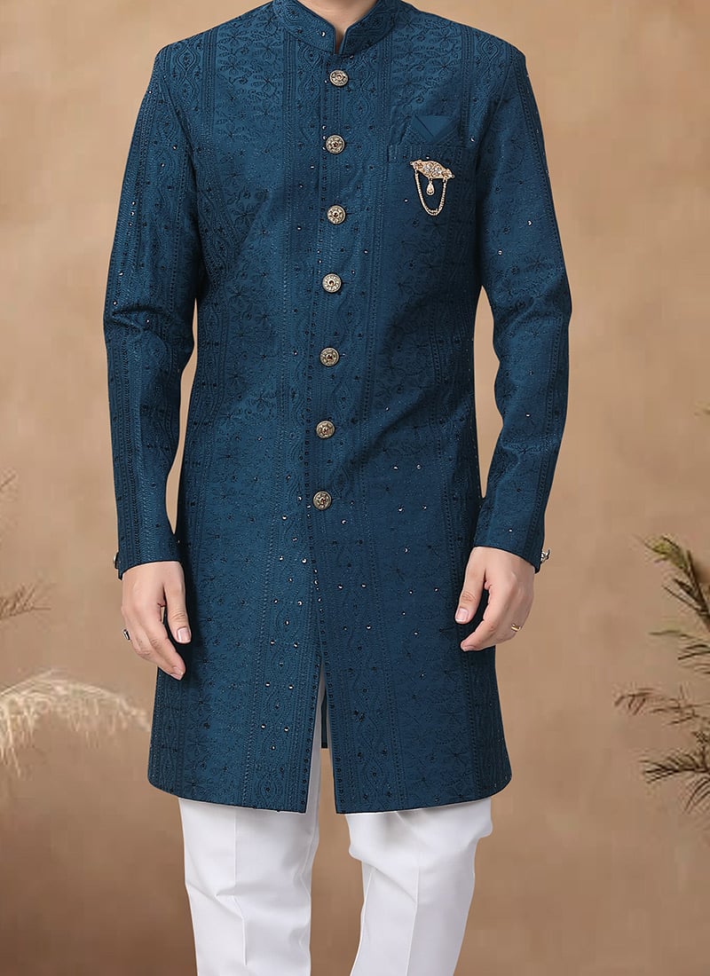Shop Teal Blue Silk Embroidered Thread Classic Sherwani Wedding Wear in ...