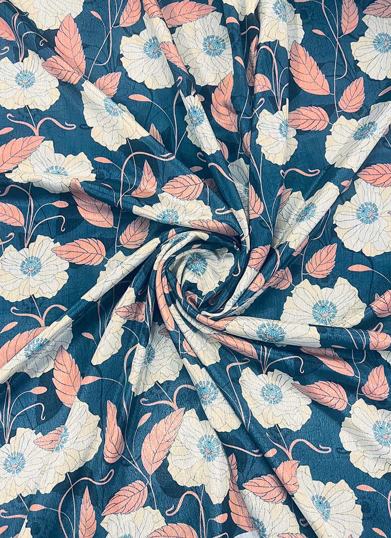 Shop Teal Color Digital Print Chinon Fabric Online at Best Price | Ethnovog