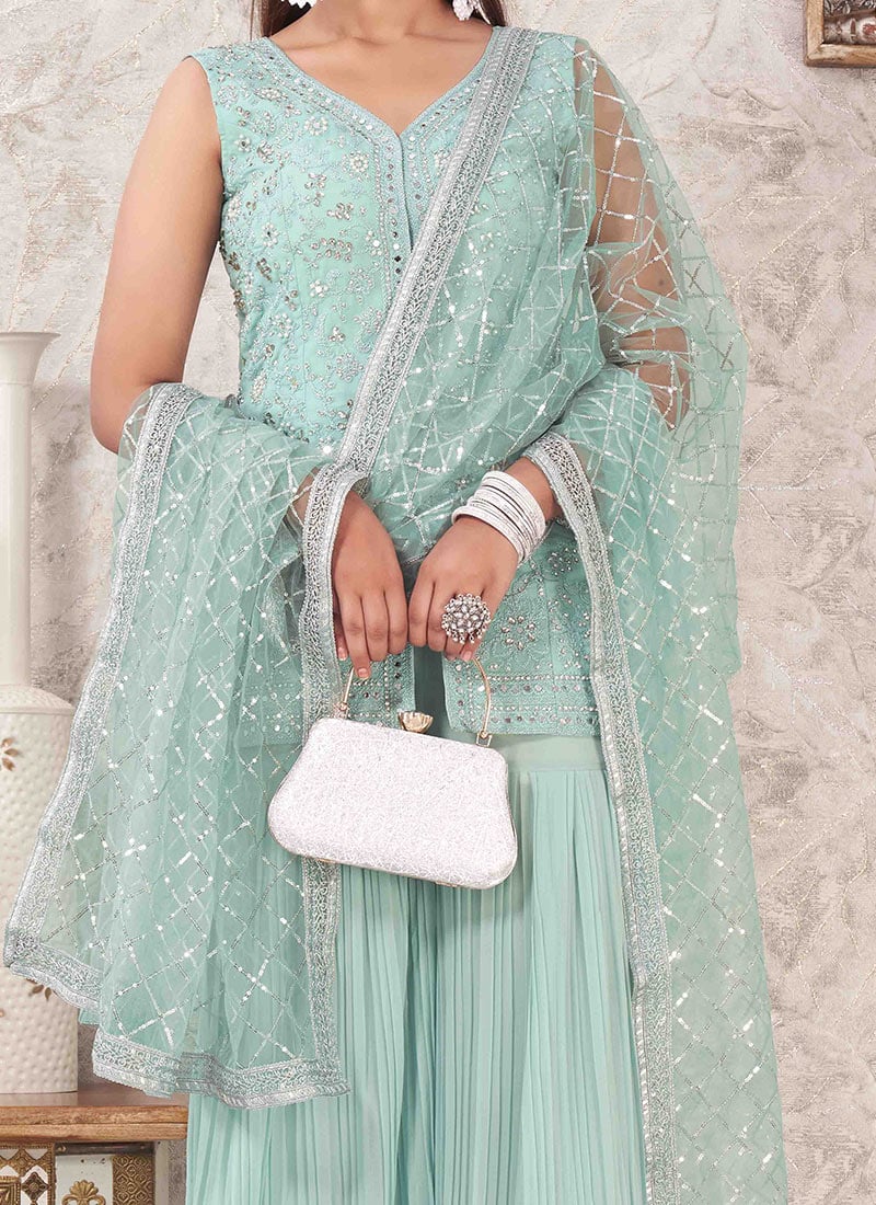 Buy Teal Faux Georgette Embroidered Sequins Sharara Suit With Criss ...