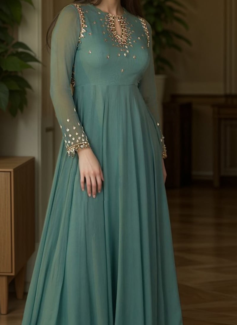 Shop Teal Green Georgette Beads And Sequins Hand Embroidered Anarkali ...