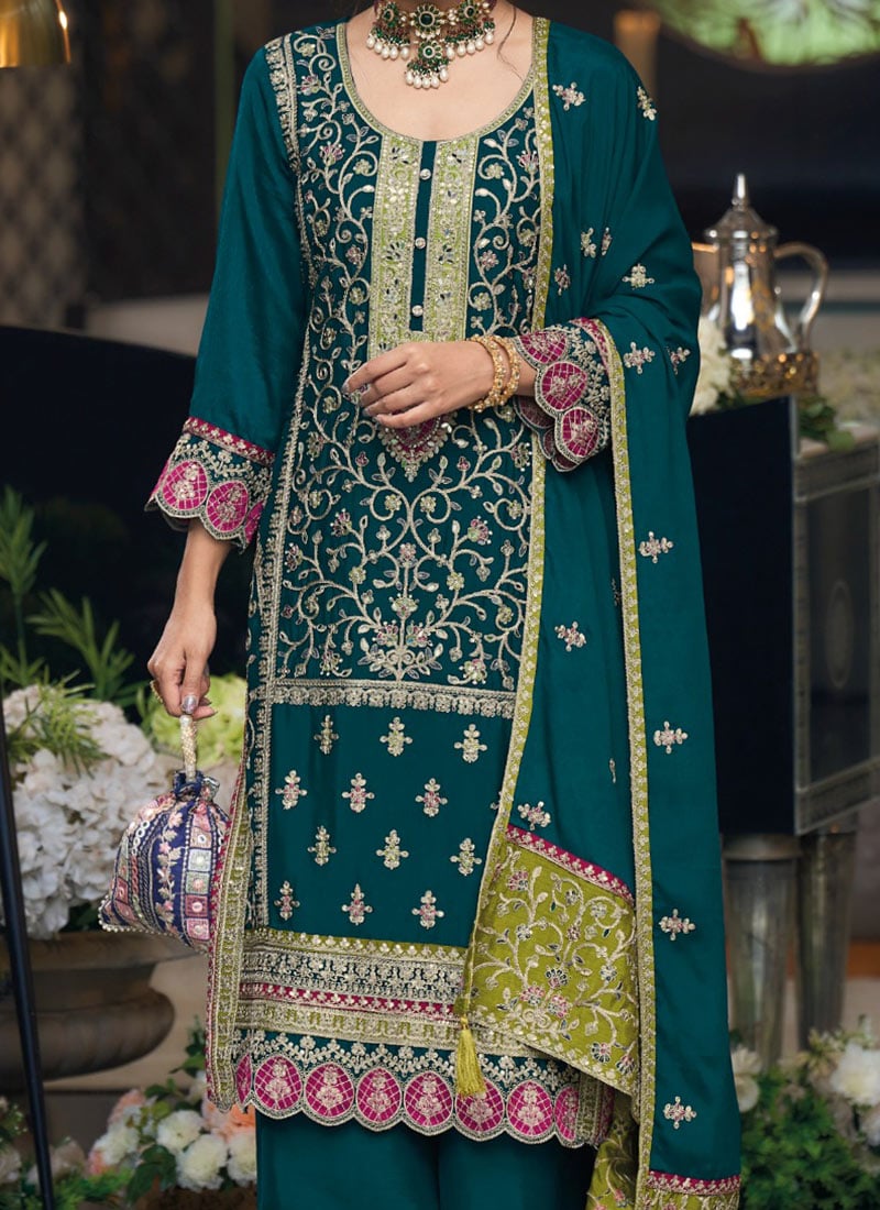 Buy Teal Green Chinon Embroidered Sequins Pakistani Palazzo Suit ...