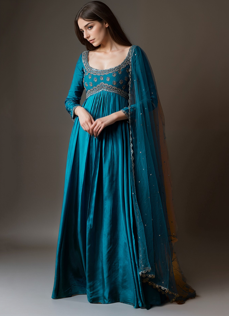 Shop Teal Roman Silk Hand Embroidered Gorgeous Anarkali Suit Festive ...