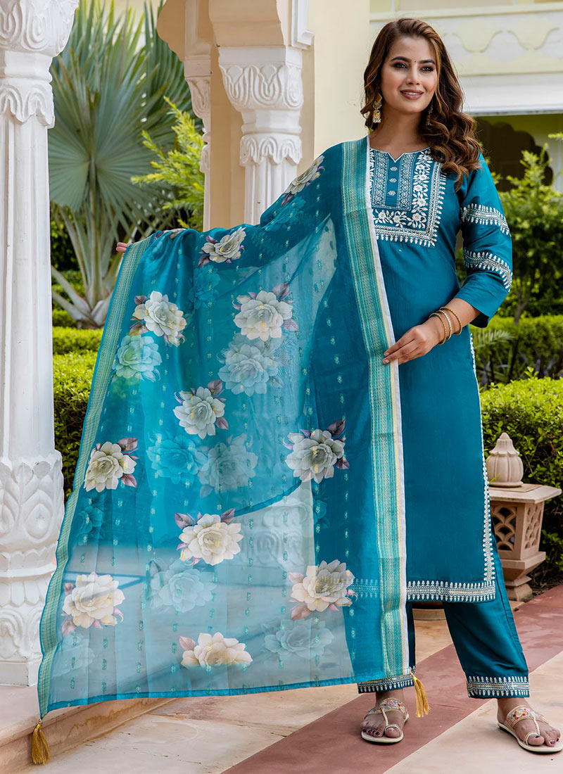 Buy Teal Viscose Rayon Printed Embroidered Straight Pant Suit After Six ...