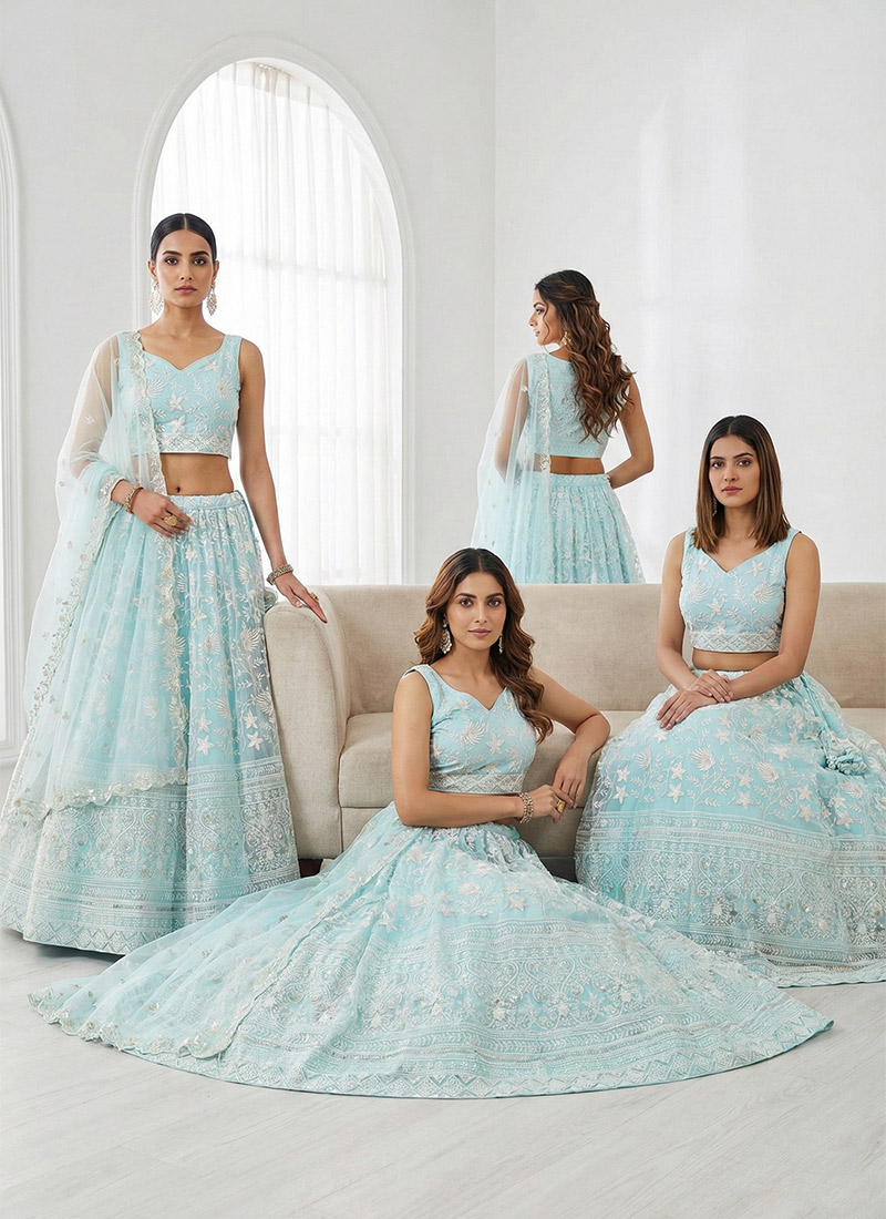 Buy Timeless Sky Blue Net Zari Embroidered Sequins Lehenga Wedding Wear ...
