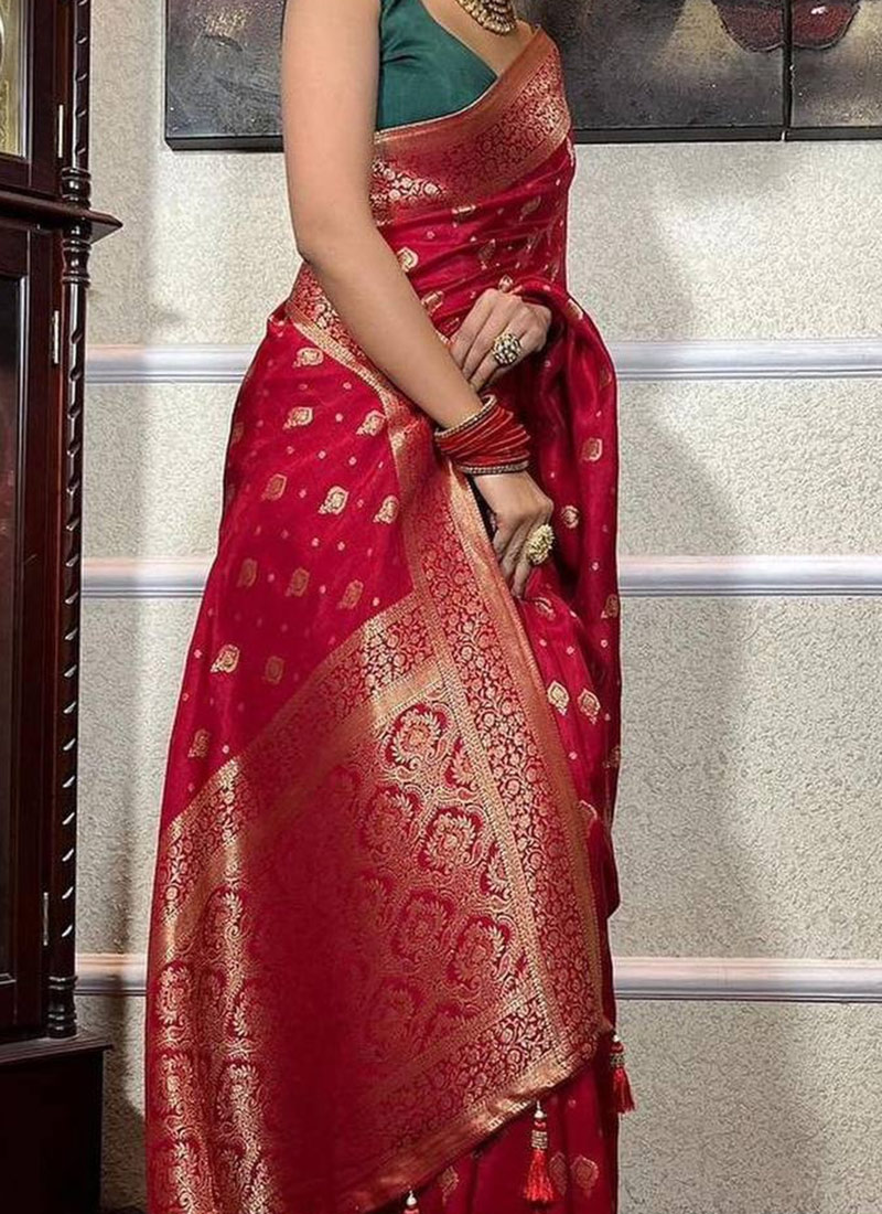 Buy Traditional Banarasi Silk Zari Woven Red Saree With Blouse Festive ...