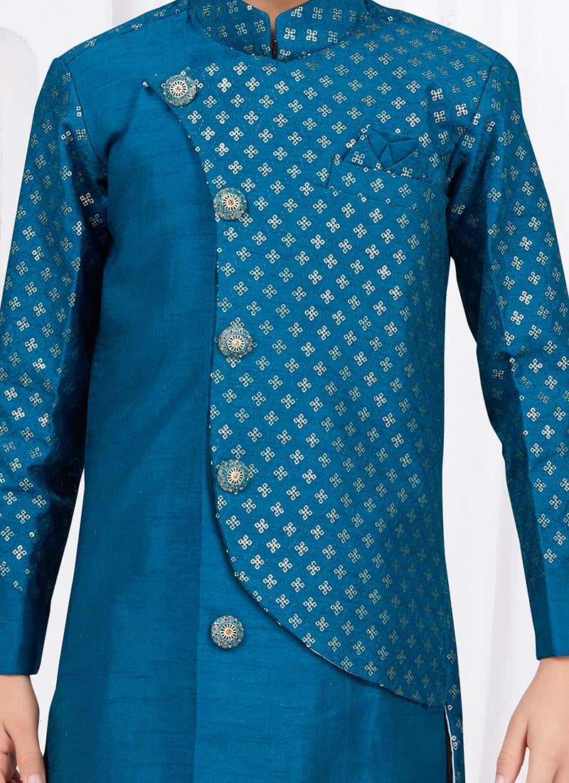 Shop Traditional Blue Banarasi Silk Sequins Indowestern Sherwani For ...
