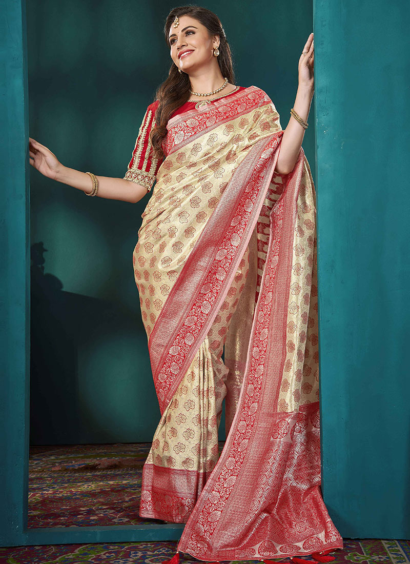 Shop Traditional Cream Silk Jacquard Woven Saree Festive Wear Online at Best Price | Cbazaar