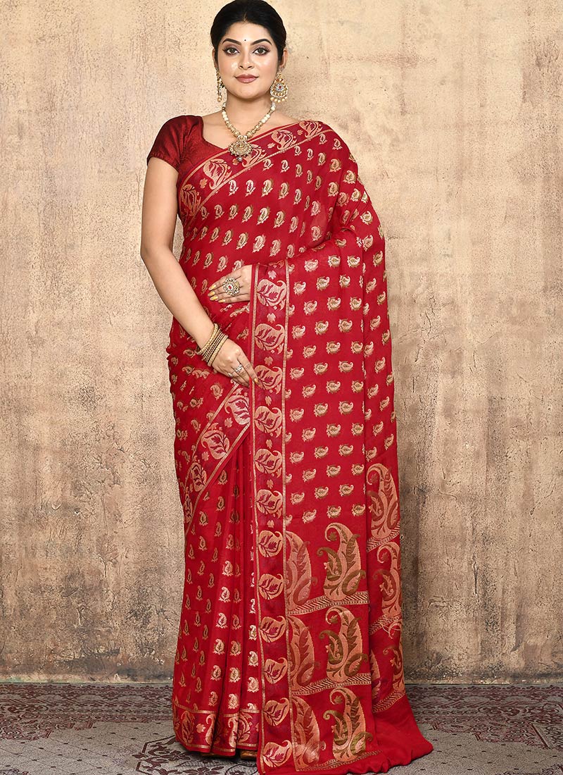 Buy Traditional Red Pure Silk Woven Zari Saree Festive Wear Online at ...