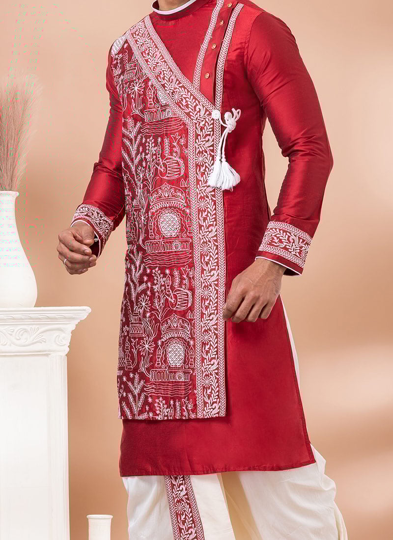 Buy Traditional Red Viscose Kurta With Embroidered And Dhoti Style ...