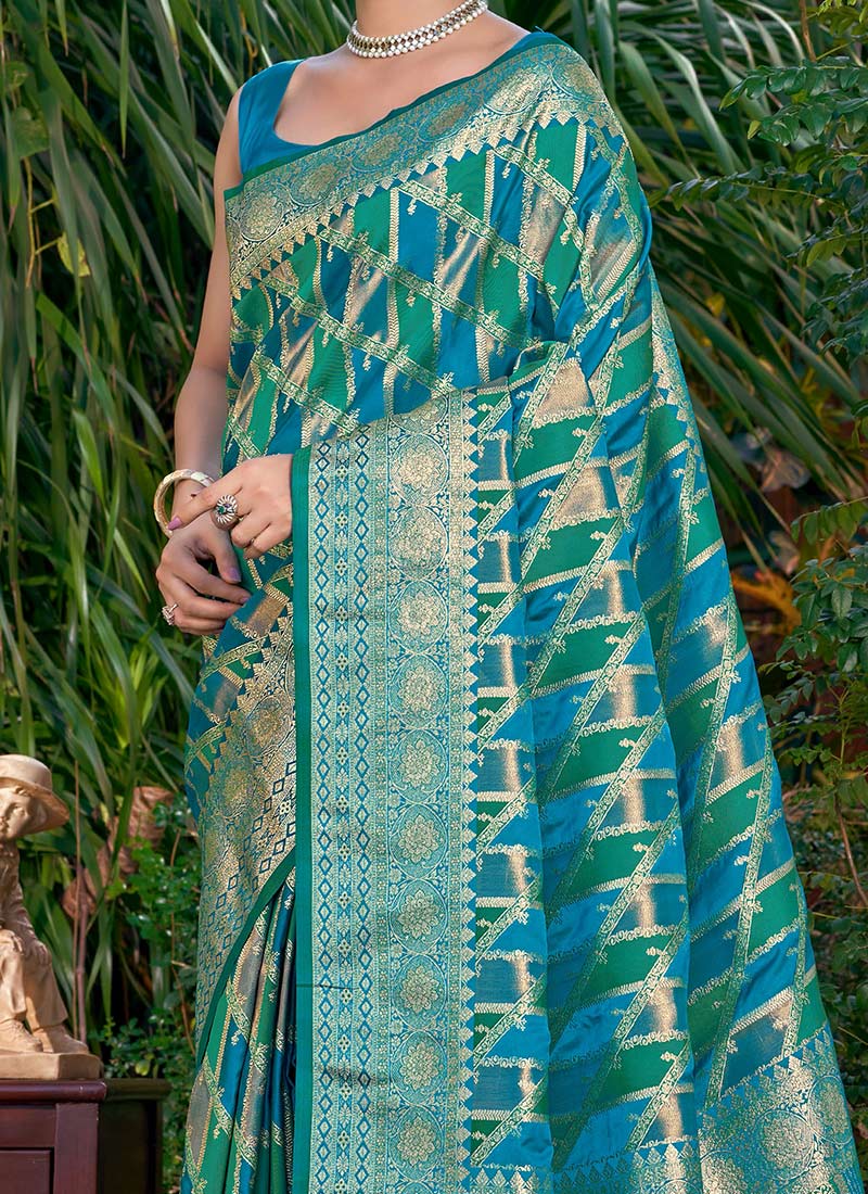 Shop Turquoise Blue Banarasi Silk Jacquard Benarasi Saree Festive Wear ...