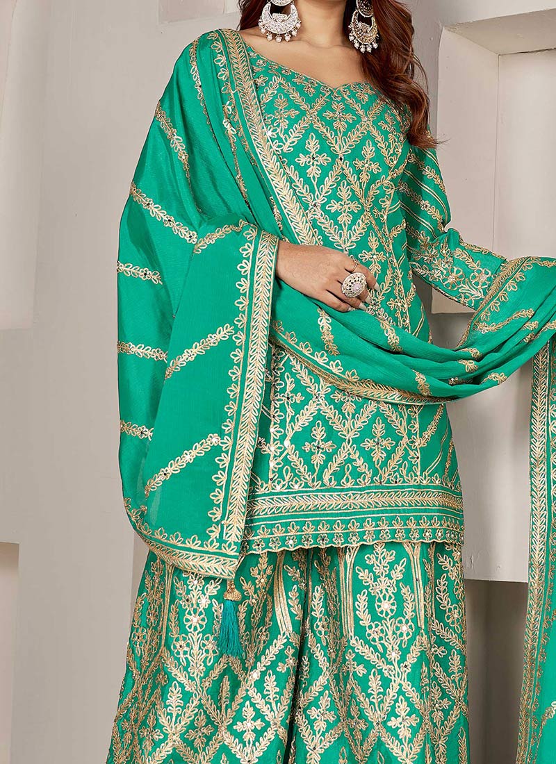 Shop Turquoise Chinon Embroidered And Mirror Work Pakistani Palazzo ...