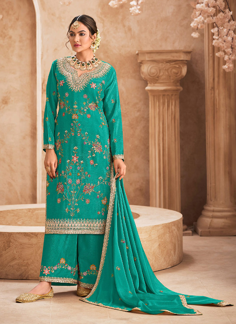 Buy Turquoise Chinon Embroidered Sequins Palazzo Suit Festive Wear ...
