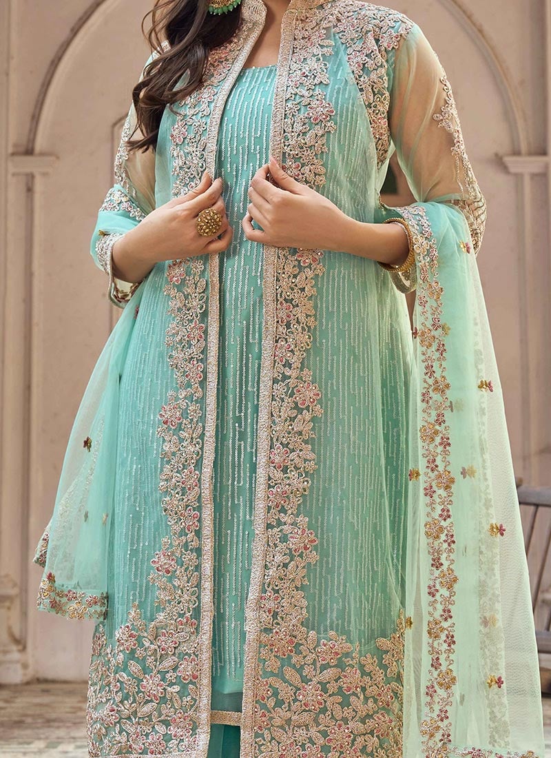 Shop Turquoise Net Embroidery Palazzo Suit Party Wear Online at Best ...