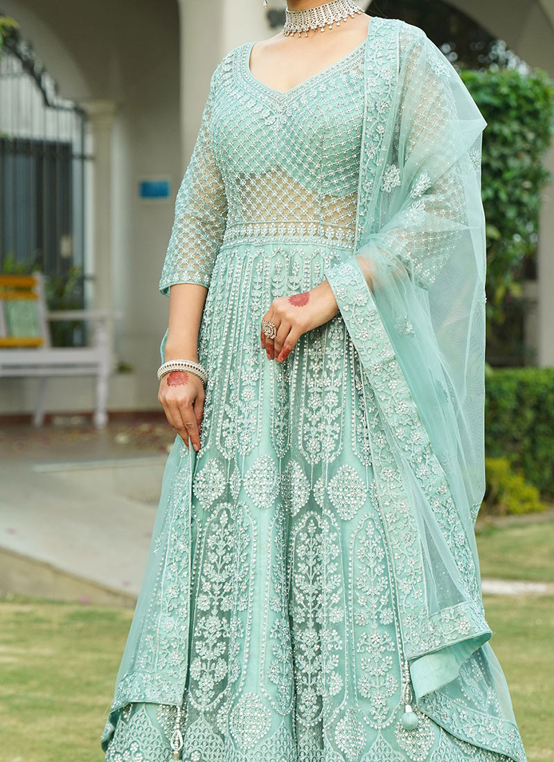 Shop Turquoise Net Zari Embroidered Stone Work Ravishing Anarkali Suit ...