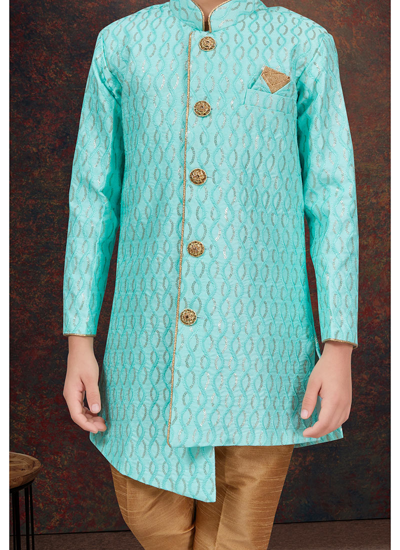 Shop Turquoise Thread Sequins Kids Boys Indowestern Sherwani Wedding Wear in UK - Cbazaar