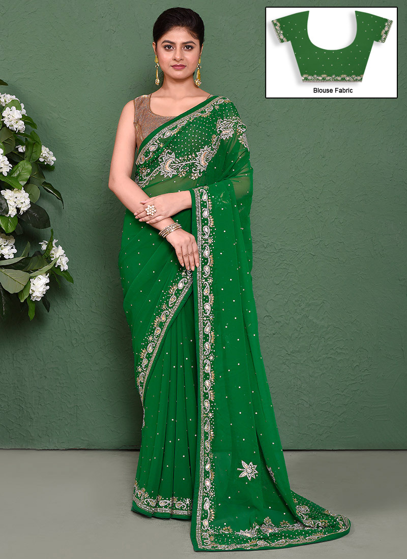 Buy Unmatched Elegance In Green Faux Georgette Hand Work Saree Wedding ...