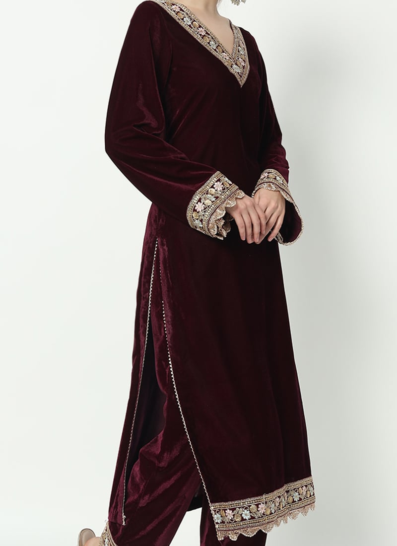 Shop Velvet Lace Work Dark Wine Straight Pant Suit Party Wear Online at ...