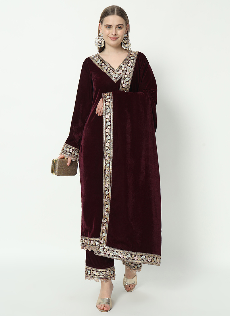 Shop Velvet Lace Work Dark Wine Straight Pant Suit Party Wear Online at ...